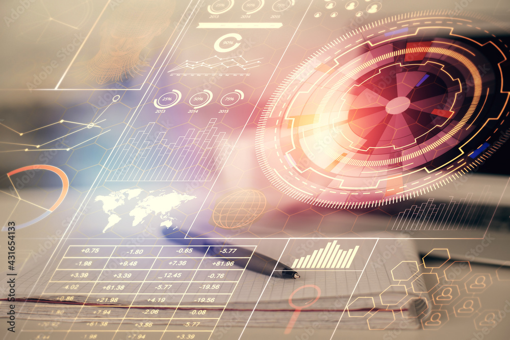 Multi exposure of data theme drawings and desk with open notebook ...