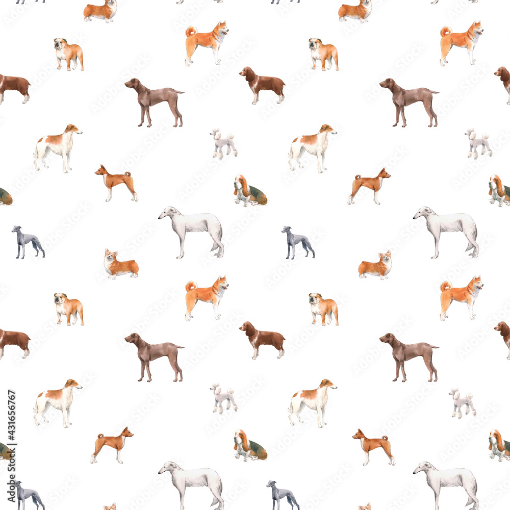 Beautiful seamless pattern with cute watercolor hand drawn dog breeds ...