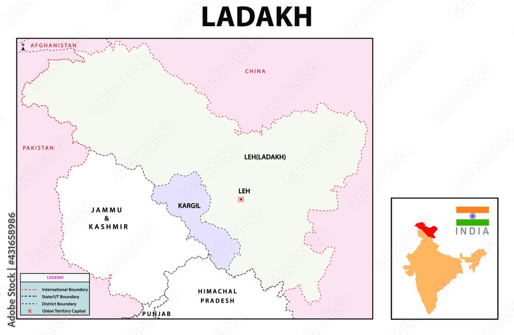 Ladakh map. Ladakh administrative and political map. Ladakh map with ...