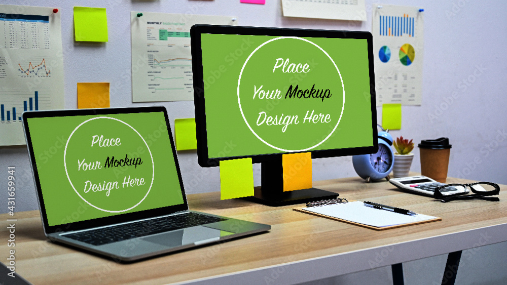 Blank screen mockup psd computer and laptop with office equipment on ...