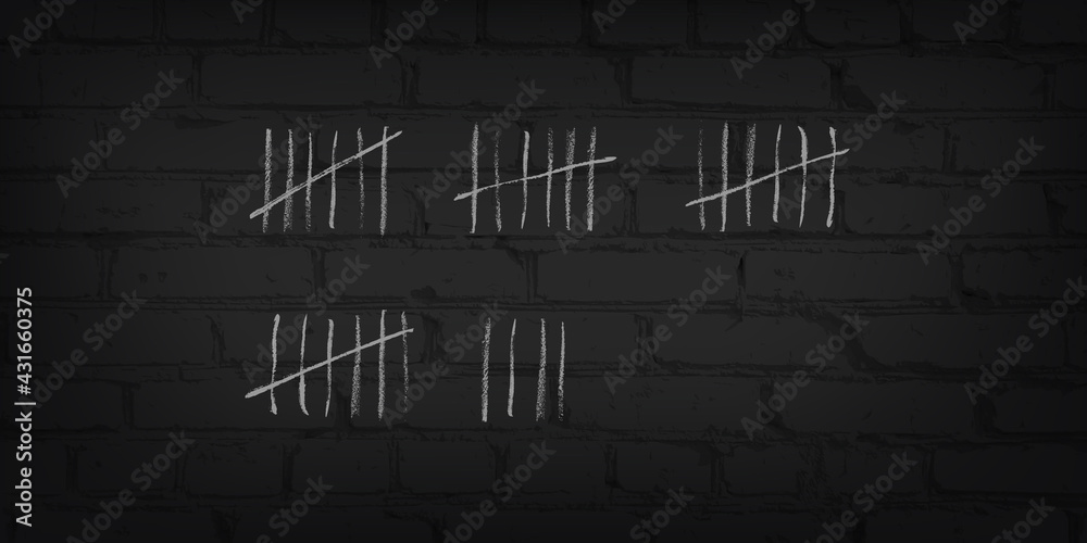 Count tally on black brick wall in prison. Jail white marks scratched ...