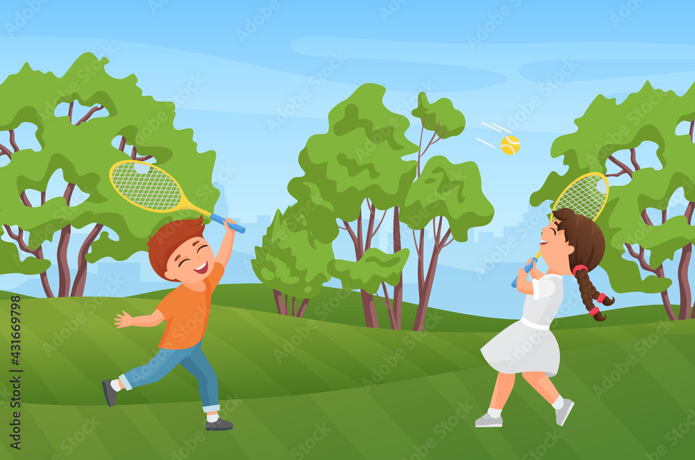 Happy children play badminton in summer park landscape vector ...