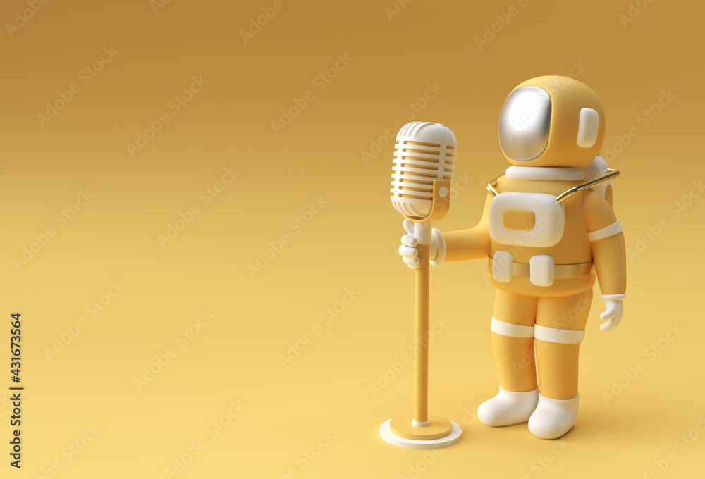 Astronaut singing into vintage microphone 3D Render Design. Stock ...