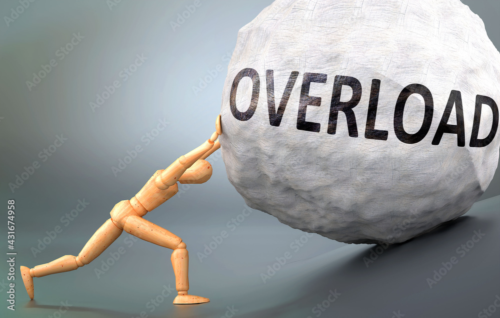 Overload and painful human condition, pictured as a wooden human figure ...