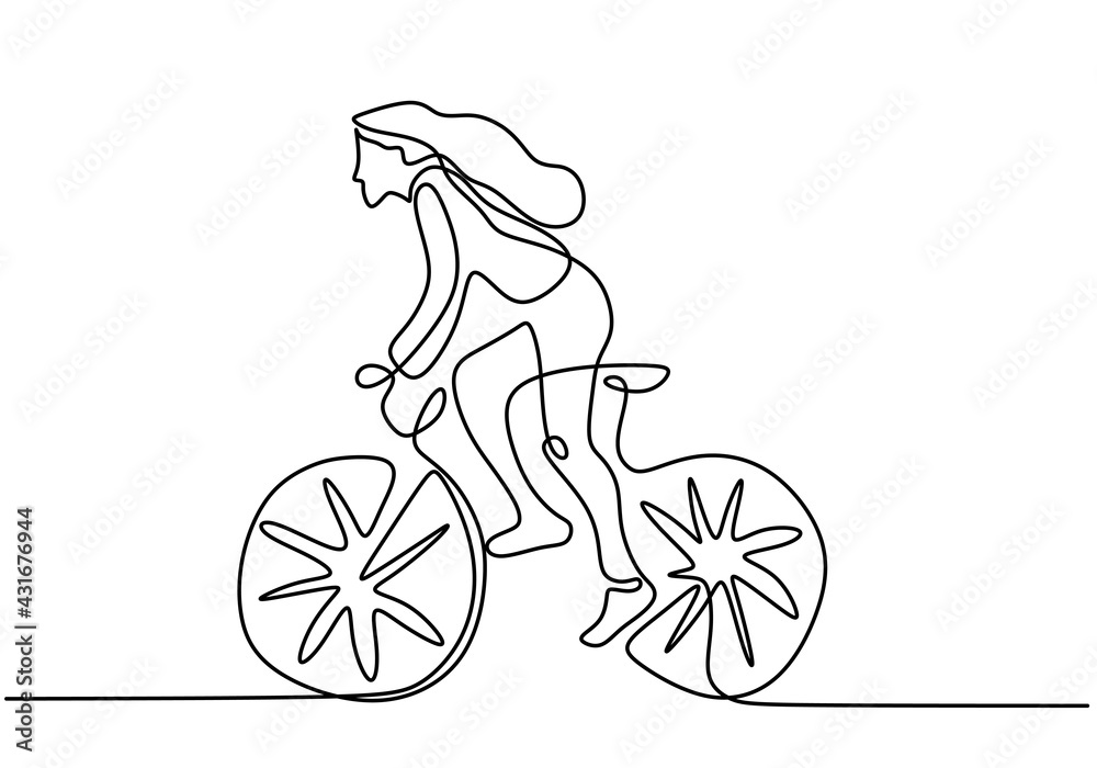 Continuous single line drawing of young girl bicycle racer focus train ...