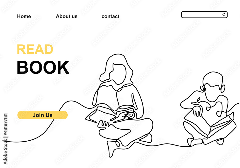 Continuous line drawing of two kids read book minimalist design. Little ...