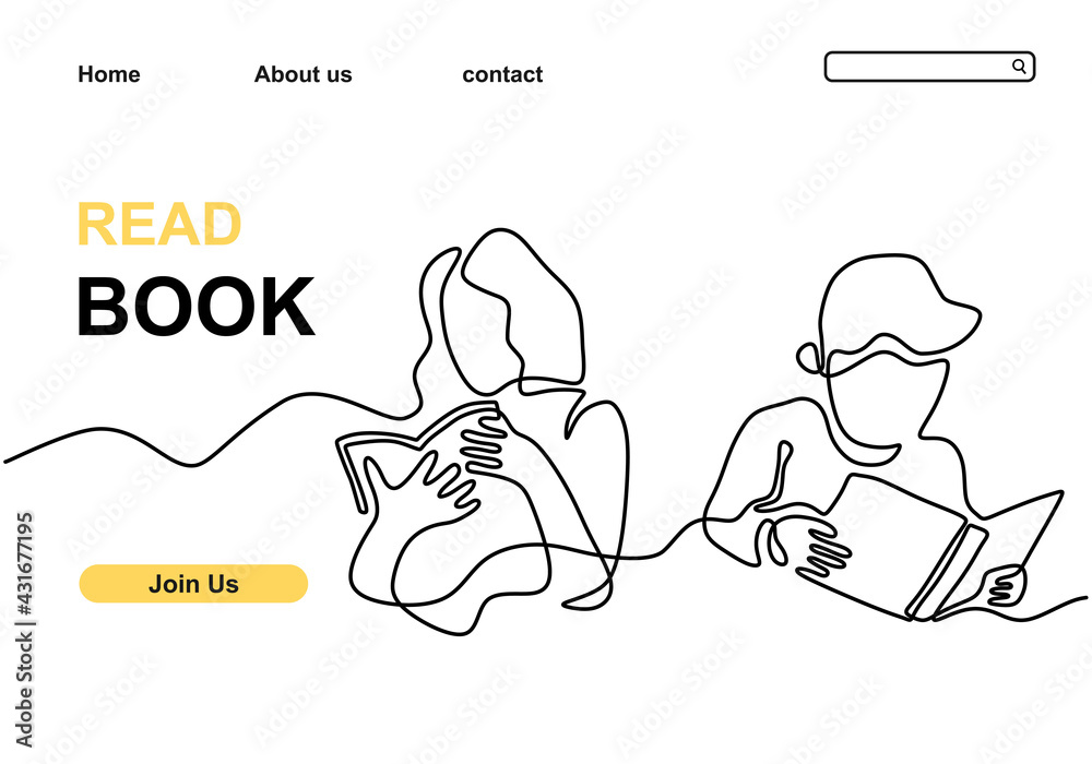 Continuous line drawing of two kids read book minimalist design. Little ...