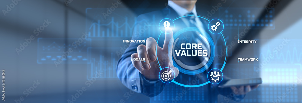 Core values Responsibility Innovation. Businessman pressing button on ...