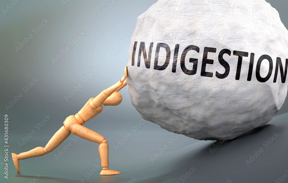 Indigestion and painful human condition, pictured as a wooden human ...