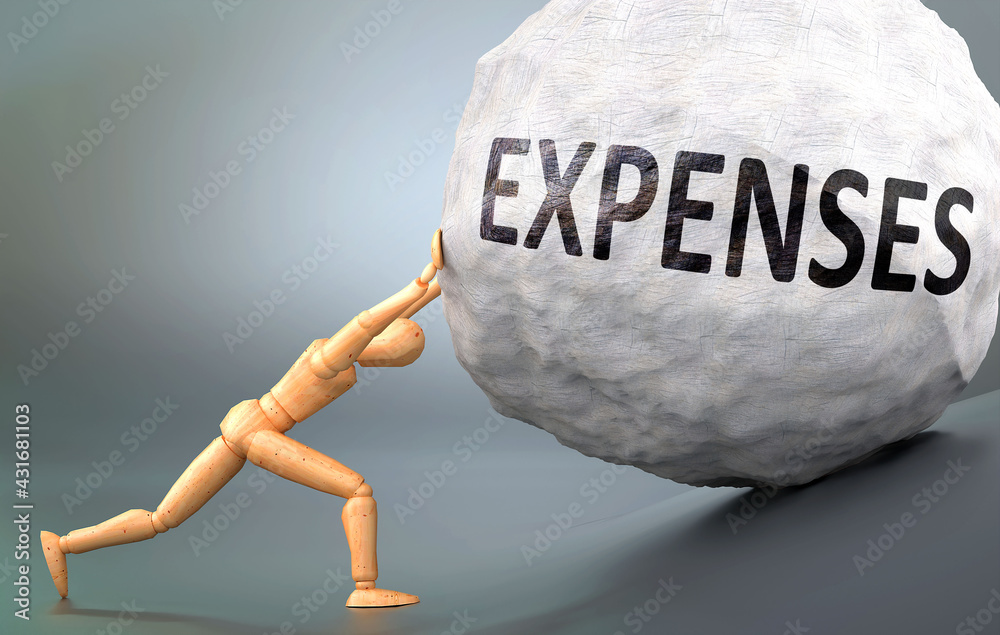 Expenses and painful human condition, pictured as a wooden human figure ...