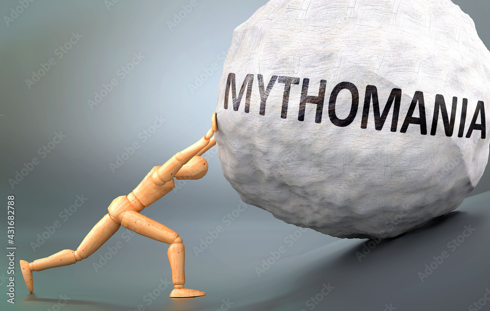 Mythomania and painful human condition, pictured as a wooden human ...