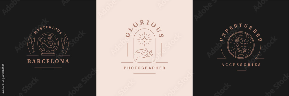 Magic logos emblems design templates set with mystic moon and female ...