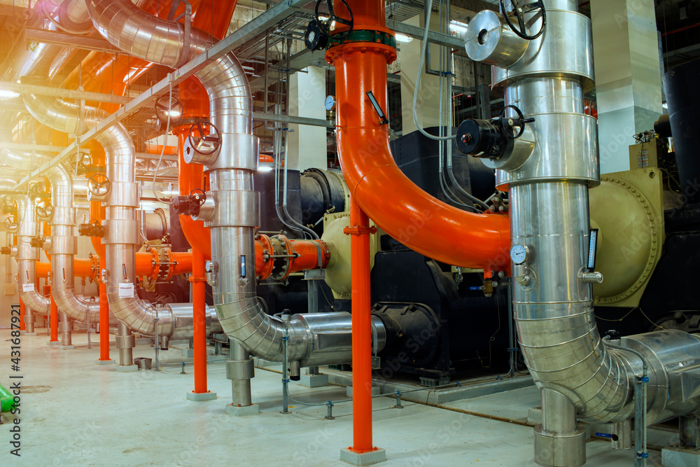 equipment in the factory. Industrial water condenser pump and HVAC air ...