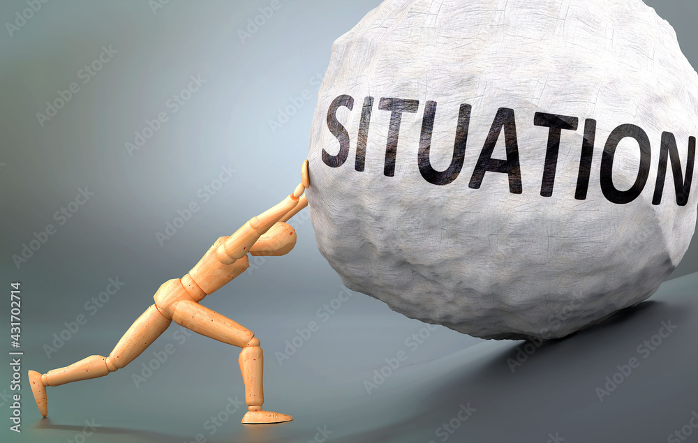 Situation and painful human condition, pictured as a wooden human ...