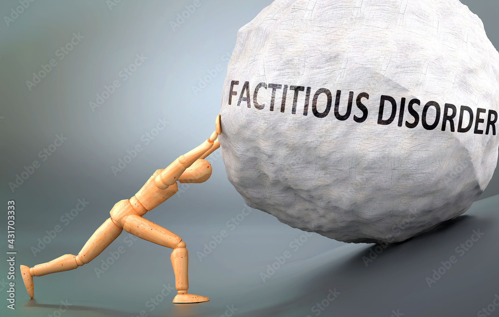 Factitious disorder and painful human condition, pictured as a wooden ...