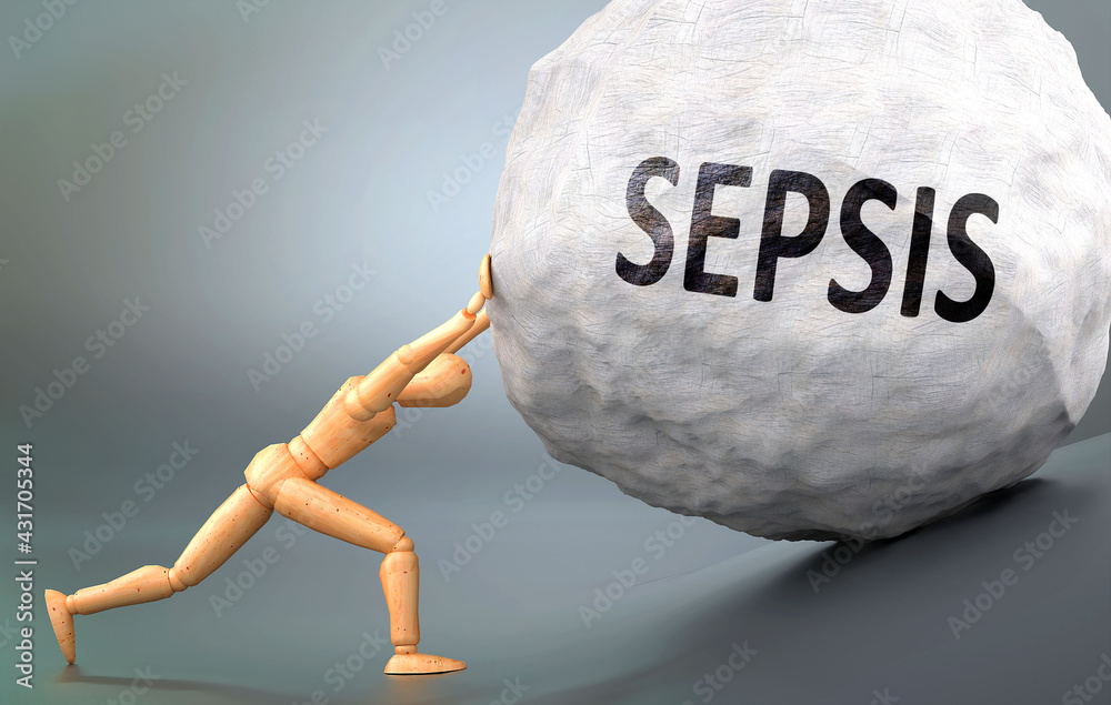Sepsis and painful human condition, pictured as a wooden human figure ...