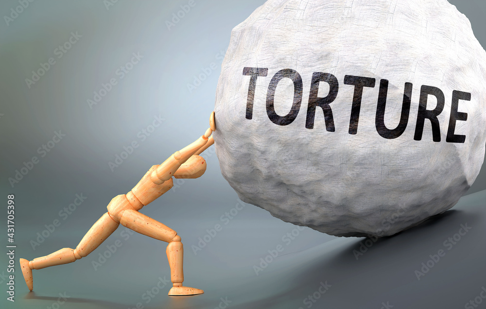 Torture and painful human condition, pictured as a wooden human figure ...