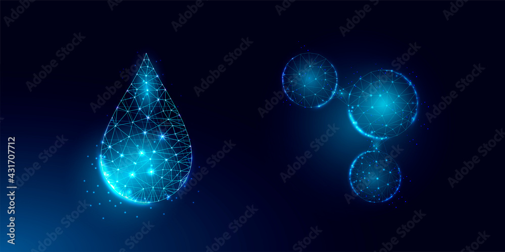 Set of water drop and water molecule. Wireframe light connection ...
