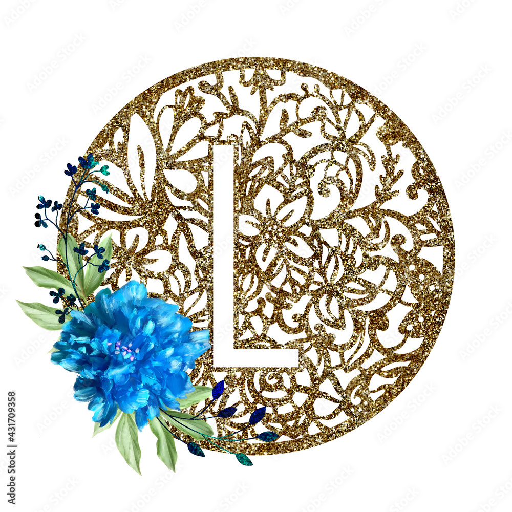 Lace circle golden letter L with blue flower peony and green leaves ...