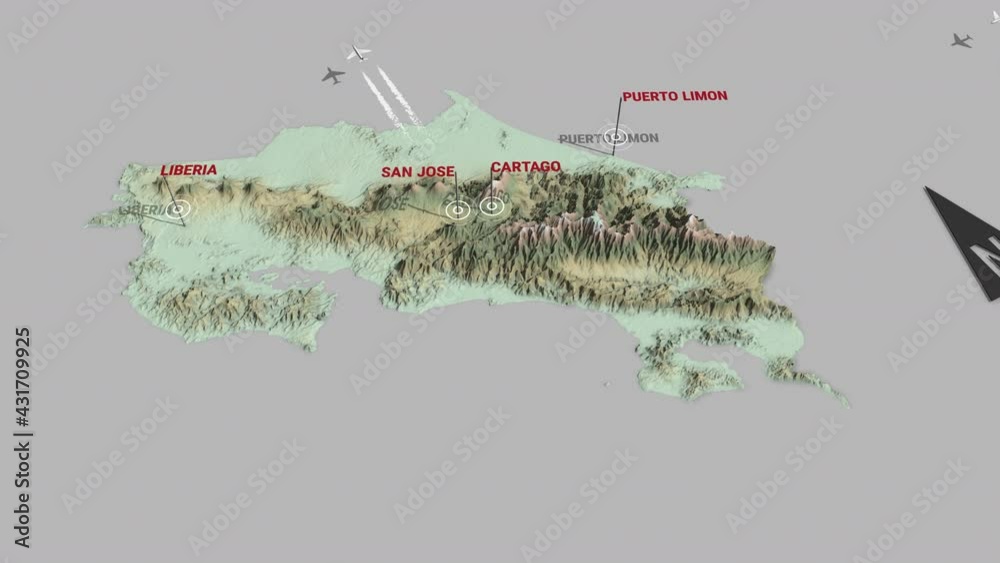 Seamless looping animation of the 3d terrain map of Costa Rica with the ...