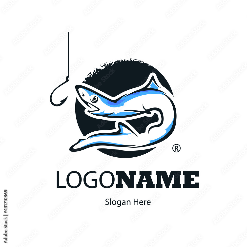 Logo in the form of a fish that swims on a hook.Logo for a fishing shop ...