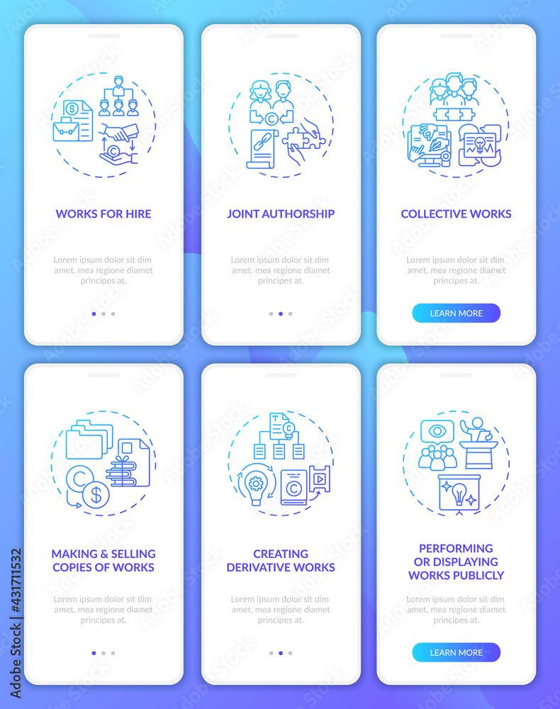 Copyright law protection onboarding mobile app page screen with concepts set. Selling works ...