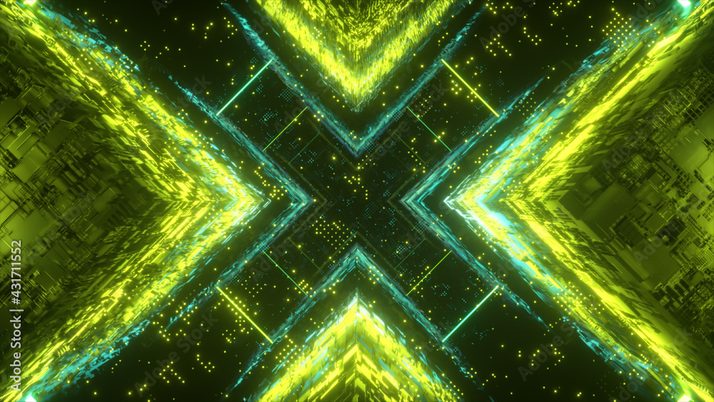 Flying in technological cyber space. Sci-fi spaceship tunnel ...