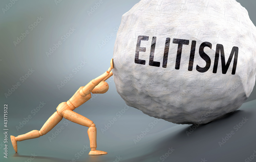 Elitism and painful human condition, pictured as a wooden human figure ...