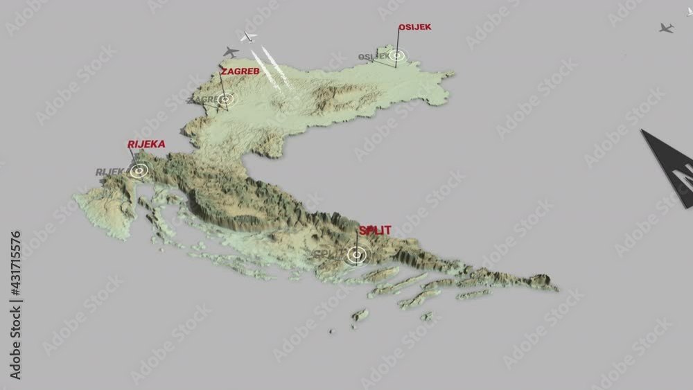 Seamless looping animation of the 3d terrain map of Croatia with the ...