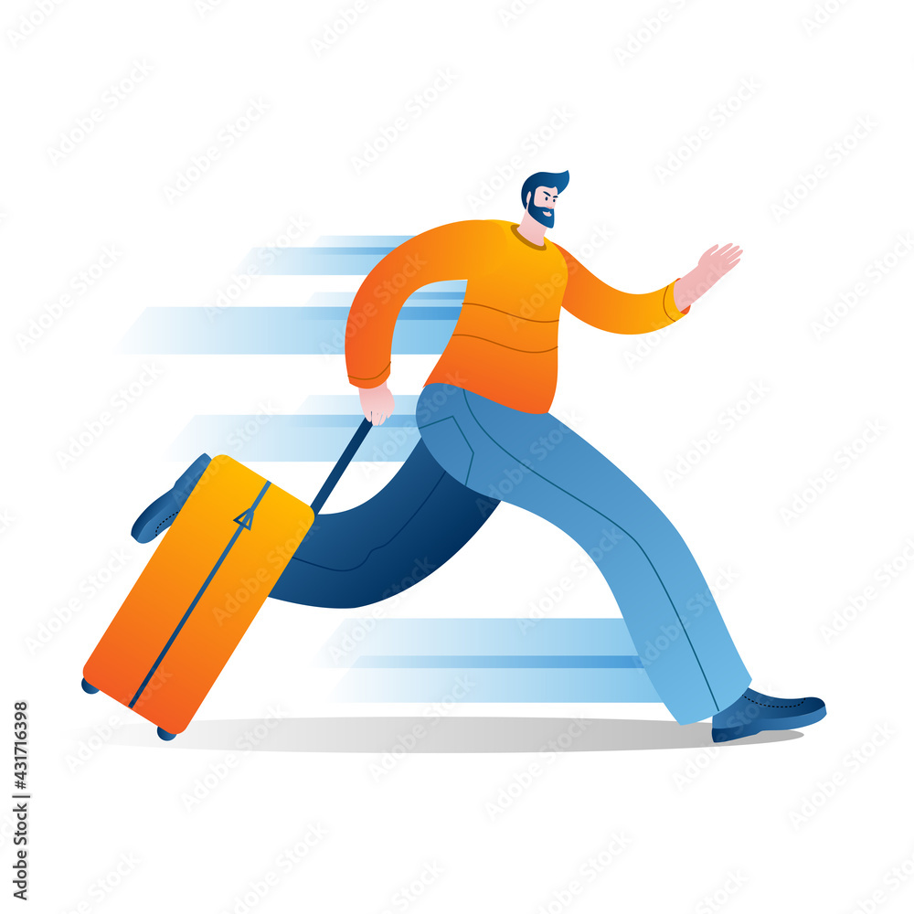 The passenger with the suitcase runs fast. Vector isolated illustration ...