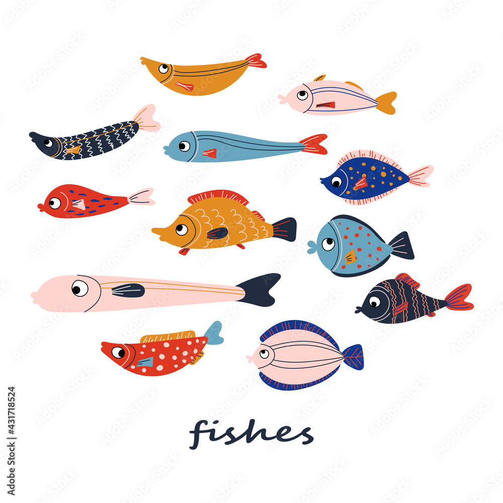 Tropic cute set of doodle exotic fish. Cartoon vector stock ...