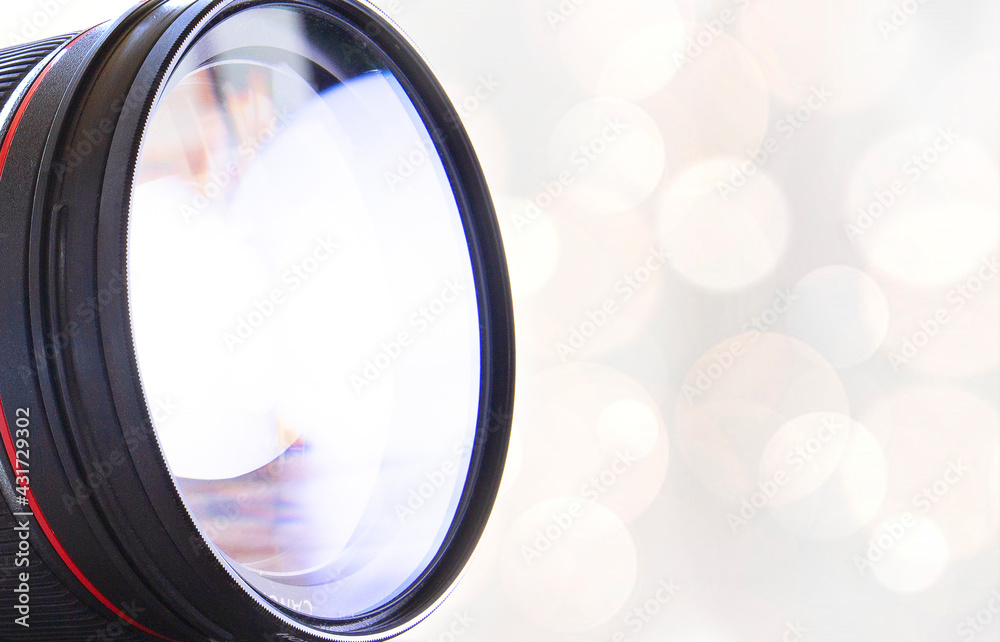 Camera lens with reflection lens and white bokeh background Stock Photo ...