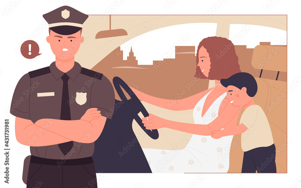 Safe driving transportation with children, young woman driver and child ...