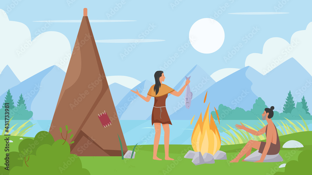 Prehistoric people cook food, primitive caveman sitting by fire, woman ...