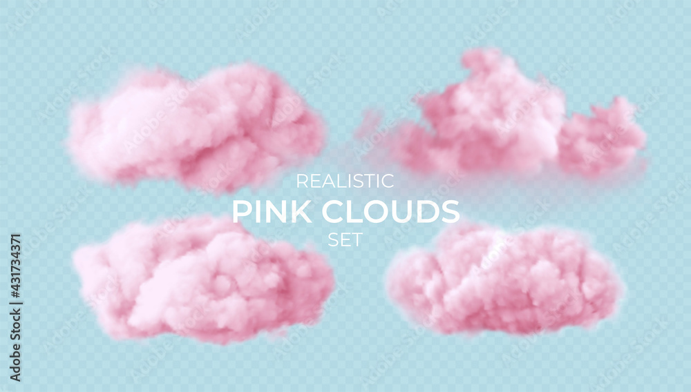 Realistic pink fluffy clouds set isolated on transparent background ...