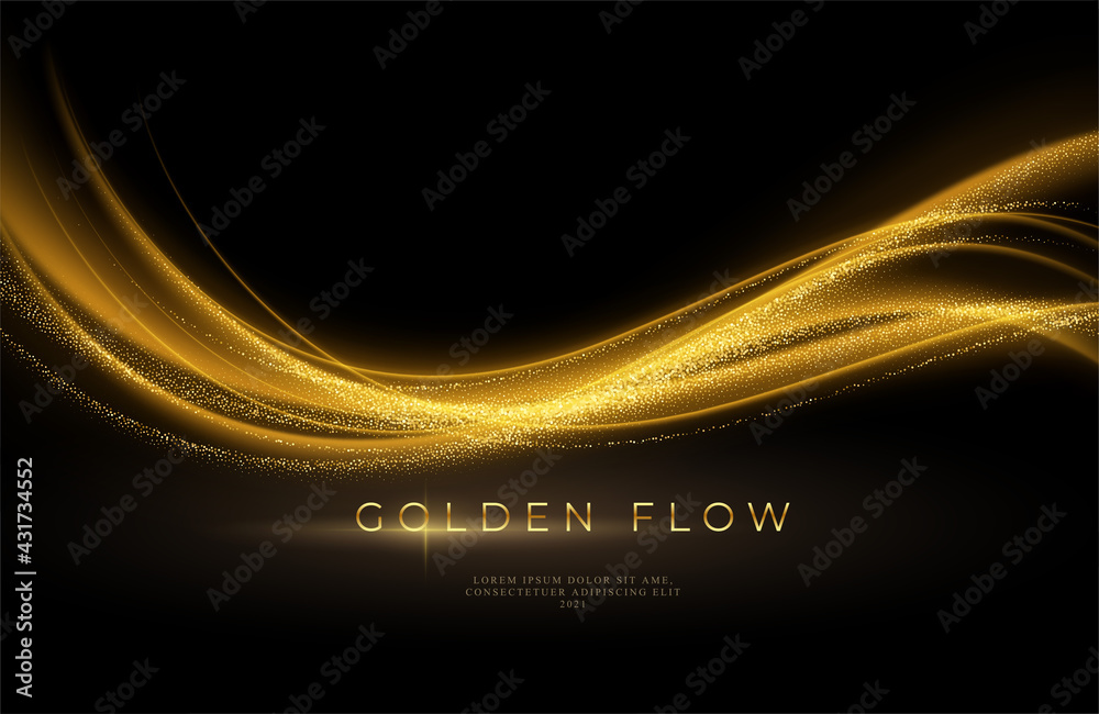 Gold wave flow and golden glitter on black background. Abstract shiny ...