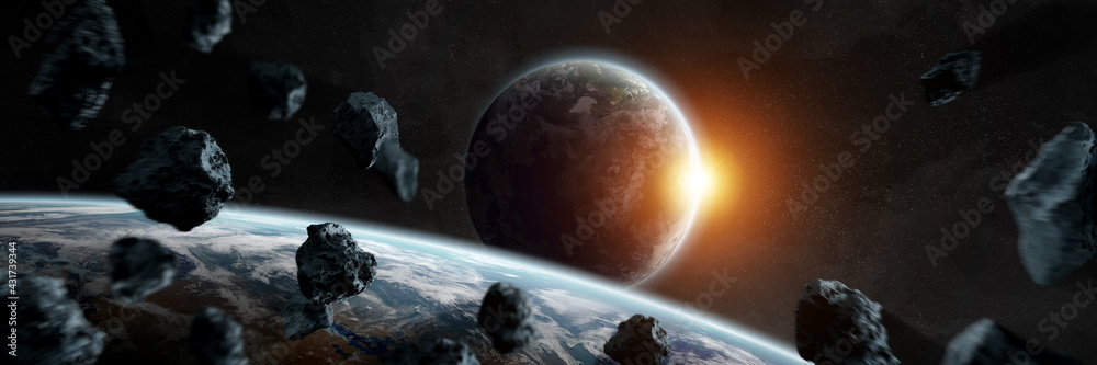 Panoramic space planets background. Panorama of distant solar system ...