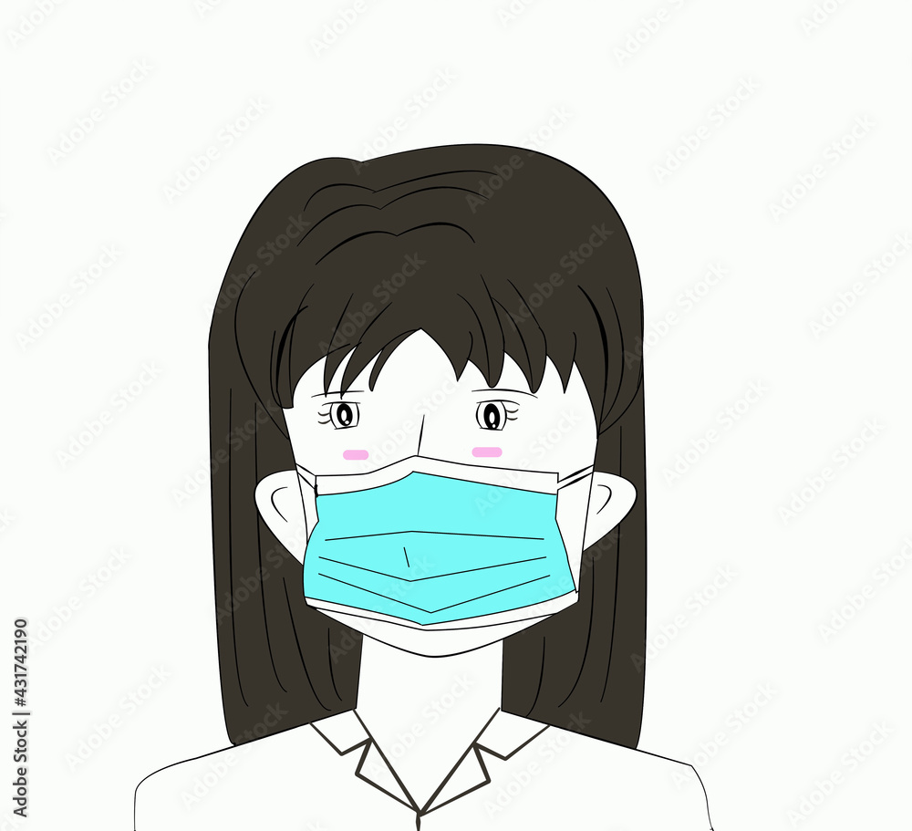 Cartoon image of a brown haired woman wearing a mask to prevent COVID ...