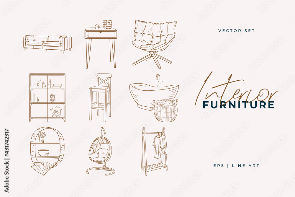 Stylish furniture set. Home decor line art drawing. Doodle illustration ...