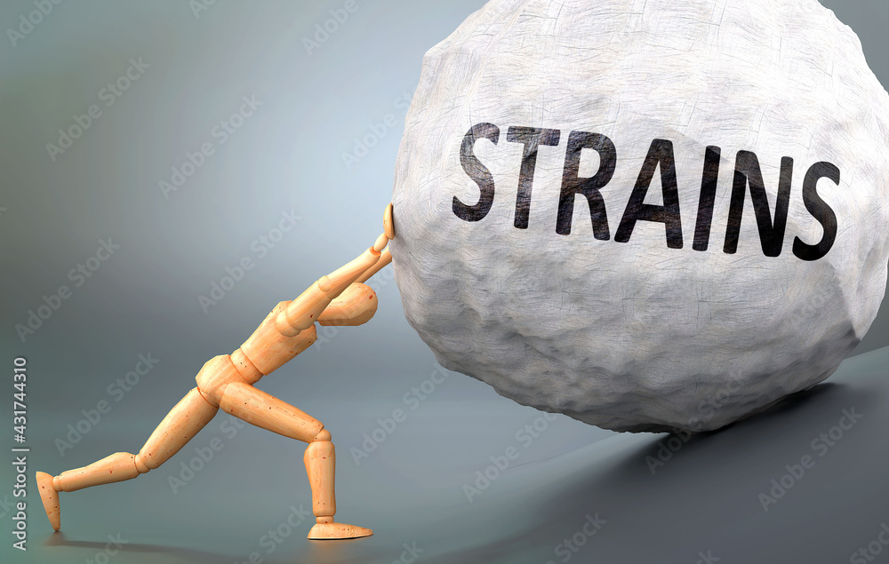Strains and painful human condition, pictured as a wooden human figure ...