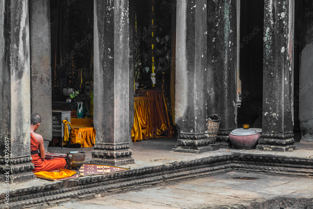 Buddhist Monk in Ancient Temple in Asia Stock Photo | Adobe Stock