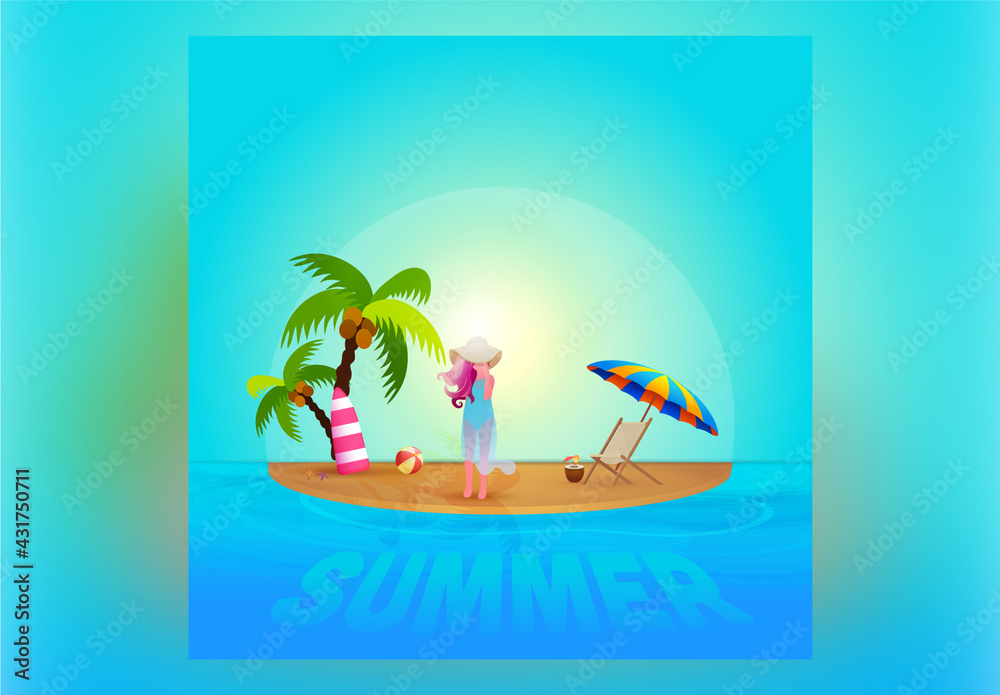 Beautiful Sun Beach Background with Realistic Elements and Modern Girl ...