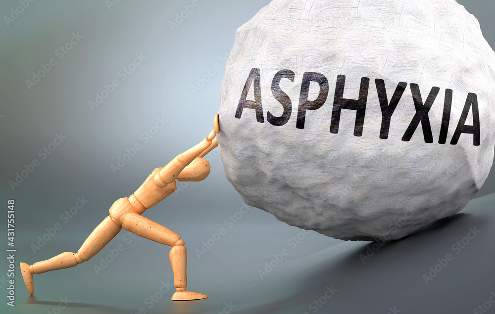 Asphyxia and painful human condition, pictured as a wooden human figure ...