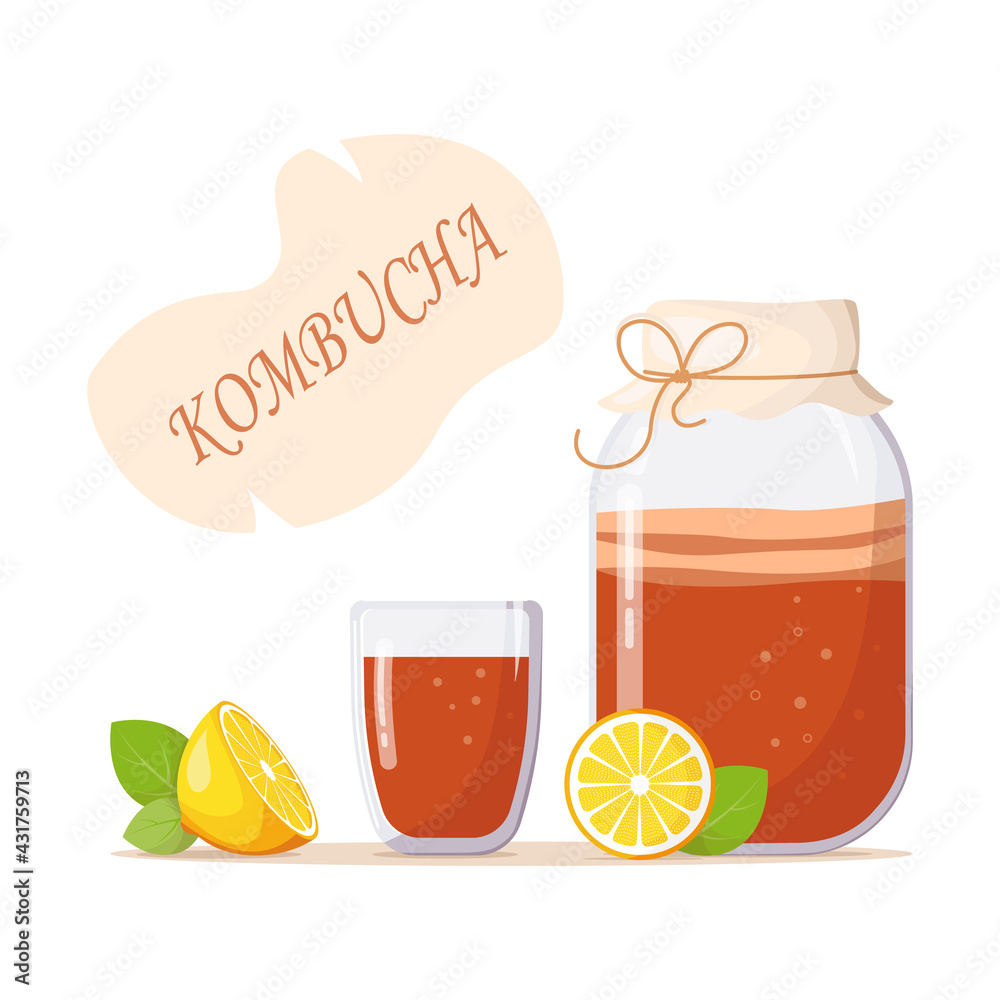 Glass jar with drink of kombucha, glass of tea, lemon, mint leaves ...