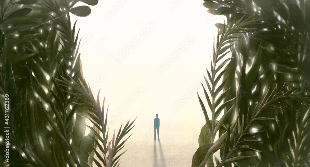 Conceptual art, Surreal illustration. Lonely man in nature, life hope ...