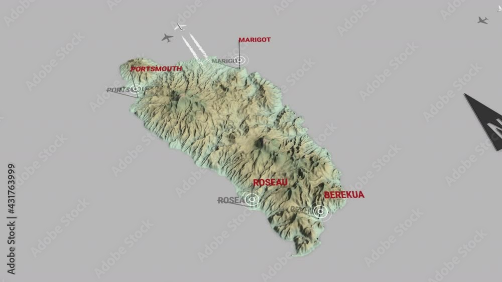 Seamless looping animation of the 3d terrain map of Dominica with the ...