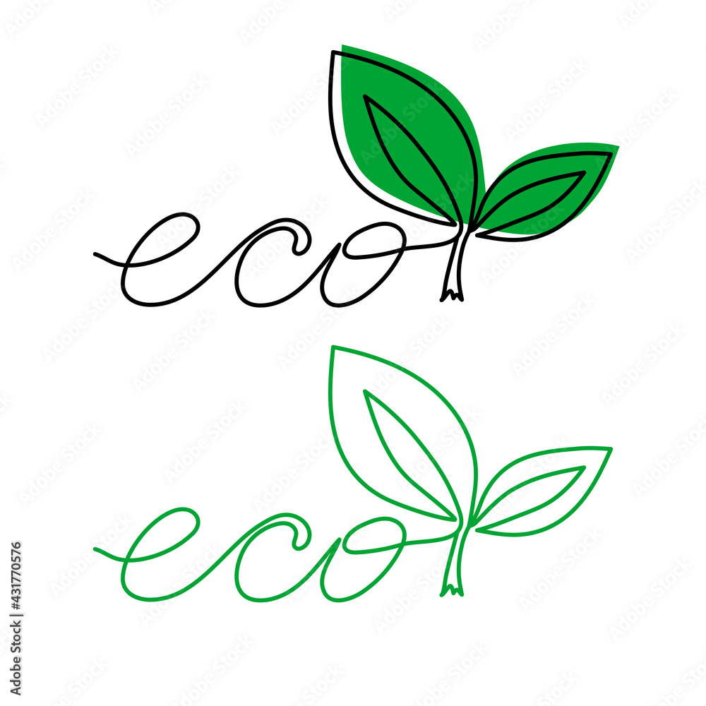 One continuous line, hand lettering ECO and sprout. Line art ...