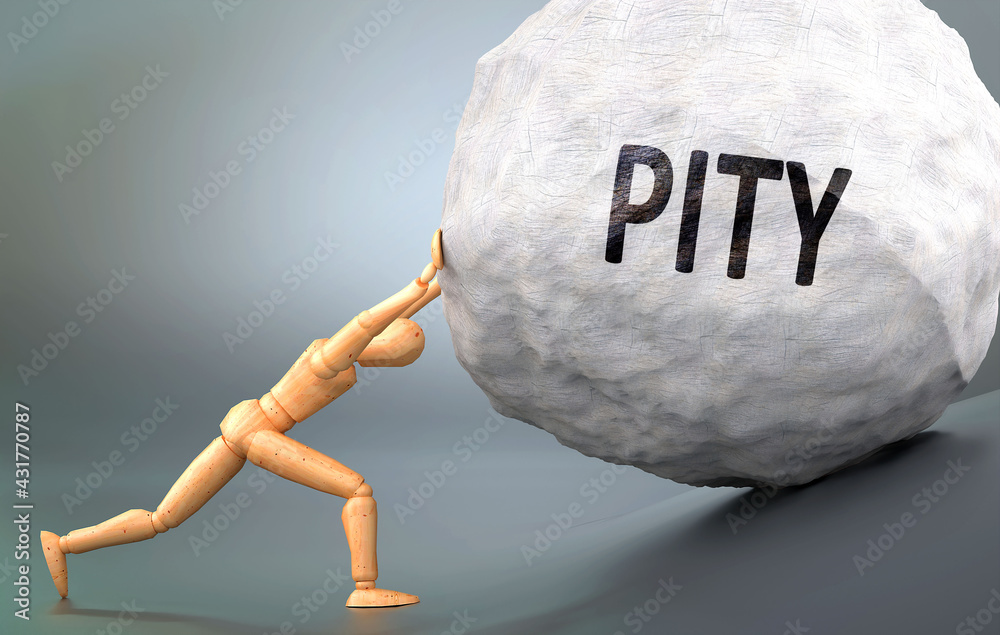 Pity and painful human condition, pictured as a wooden human figure ...