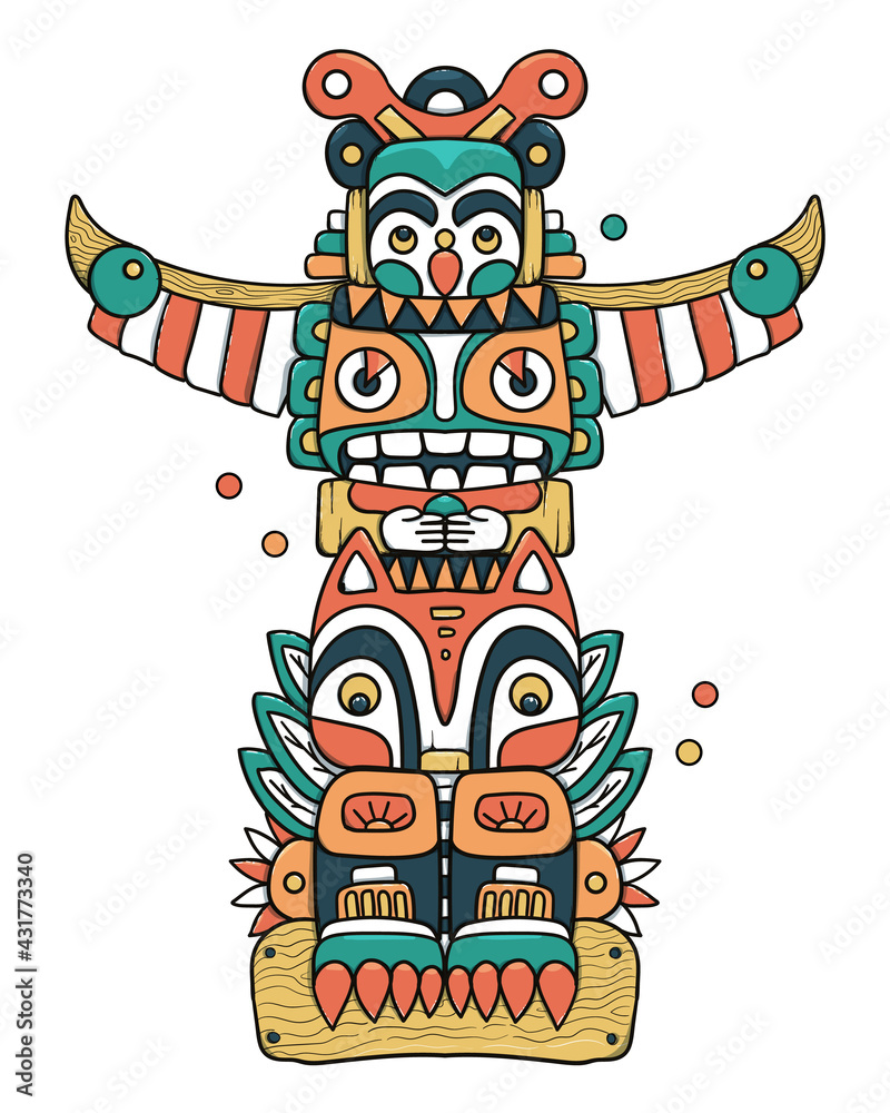 Colorful indian totem, clan, tribe. Wooden symbol. Flat cartoon vector ...