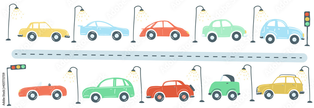 traffic jam from cars flat simple cartoon style hand drawing. vector ...